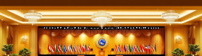 Flags are Shown on a Stage during an International Conference Stock ...