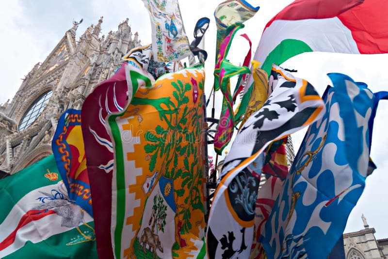 Flags of Siena, Waving in Front of the Cathedral Stock Image - Image of ...
