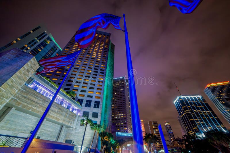 Flags Skyscrapers Downtown Miami Night Stock Photos - Free & Royalty ...