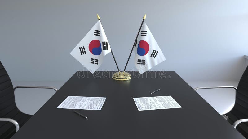 Flags of South Korea and Papers on the Table. Negotiations and Signing ...