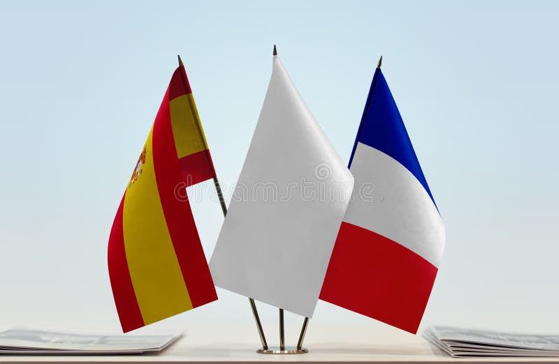 Flags of Spain and France stock photo. Image of convention - 118990902