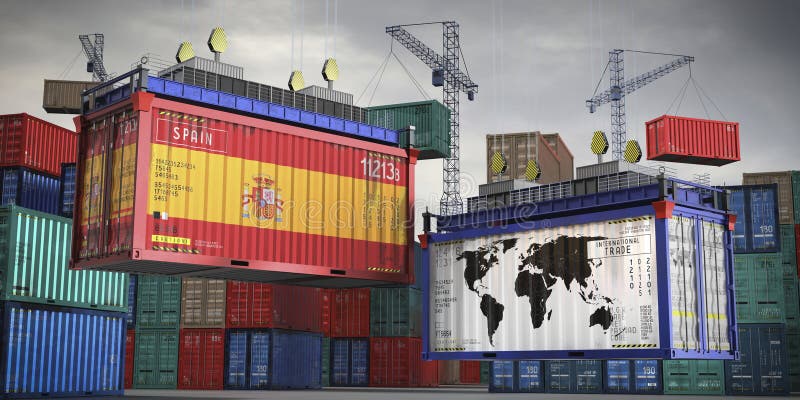 Flags of Spain and World Map on Cargo Containers - International Trade ...