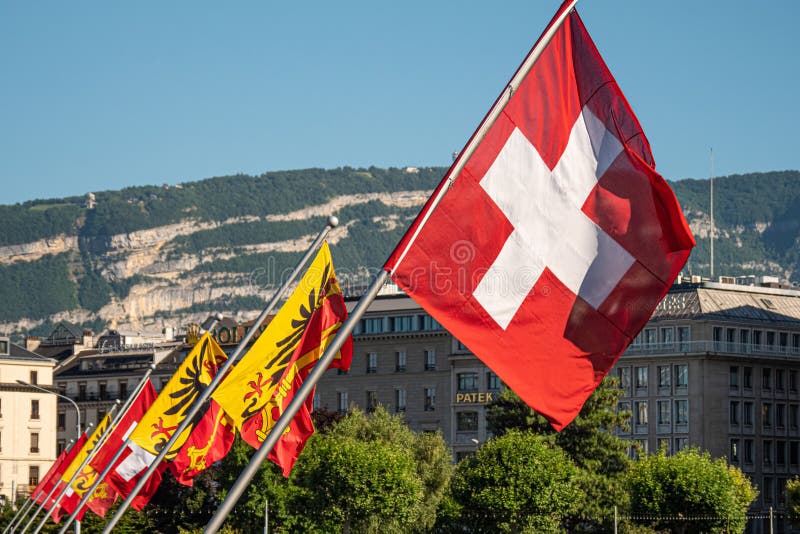 Flags of Switzerland and the City of Geneva on a Bridge in Geneva ...