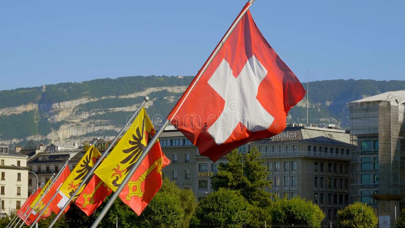 Flags of Switzerland and the City of Geneva on a Bridge in Geneva ...