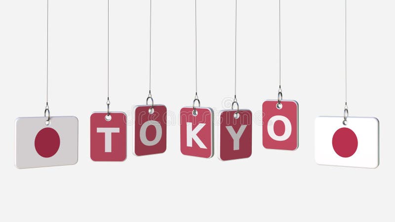 Hanging Plates with Flags of JAPAN and Tokyo Caption. Conceptual 3D ...