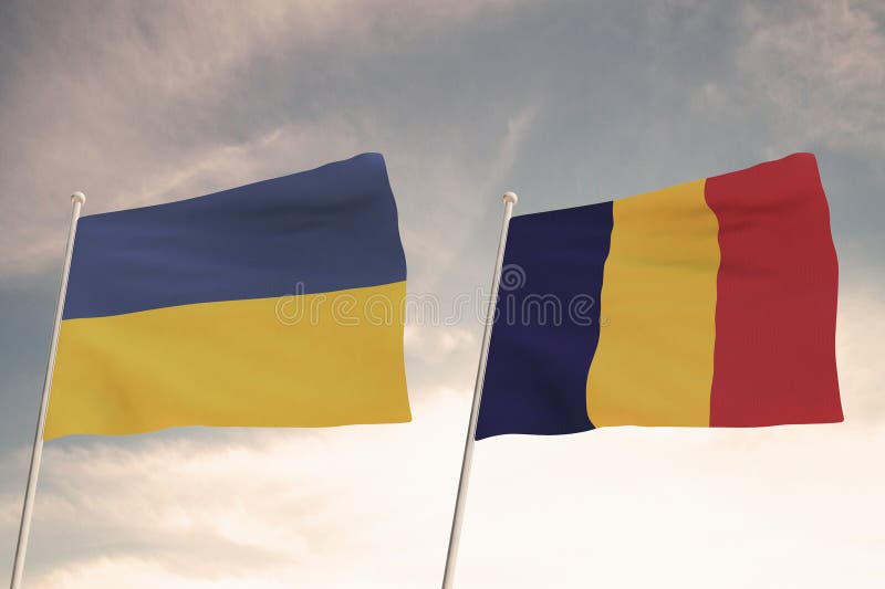 Flags of Ukraine and ROMANIA Waving with Cloudy Blue Sky Background ...