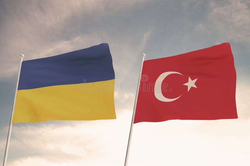Flags of Ukraine and TURKEY Waving with Cloudy Blue Sky Background ...