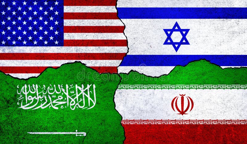 Flags of USA, Iran, Saudi Arabia and Israel on a Wall. Stock Image ...