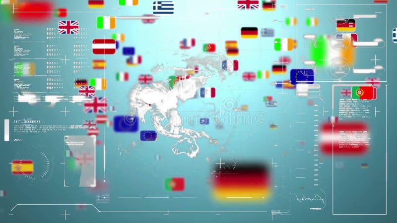 Flags of Various Countries Floating Over Digital World Map Animation ...