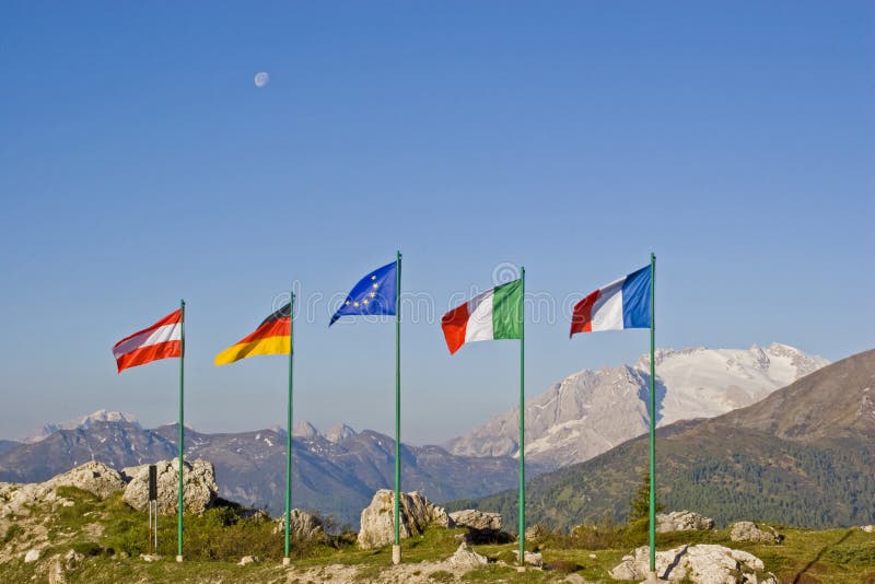 Flags Row on the Falzarego Pass Stock Photo - Image of nation, flag ...