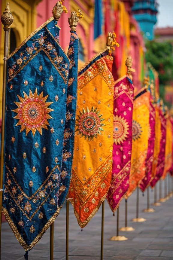 Flags Waving from a Pole with Vibrant Colors and Designs Stock Photo ...
