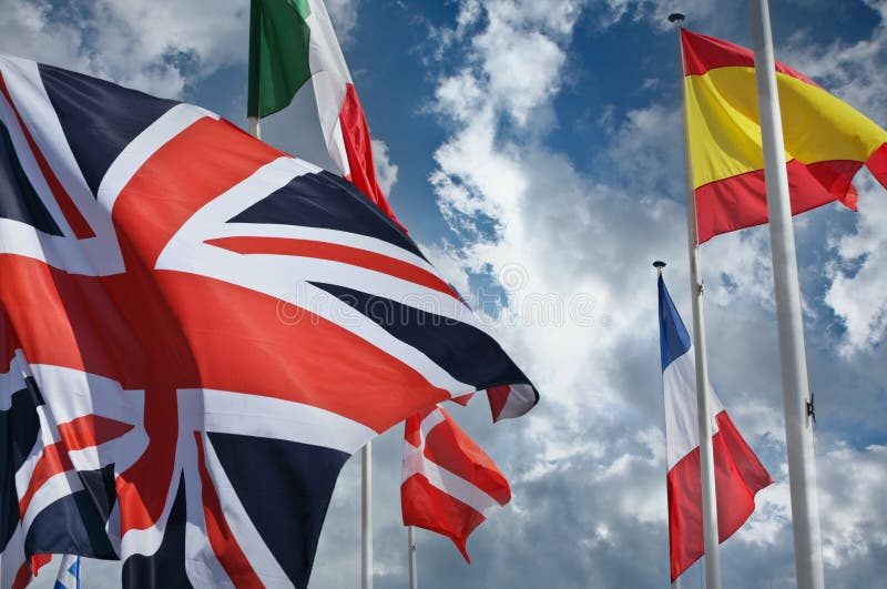 Many flags in the grey sky stock image. Image of eu27 - 263783353