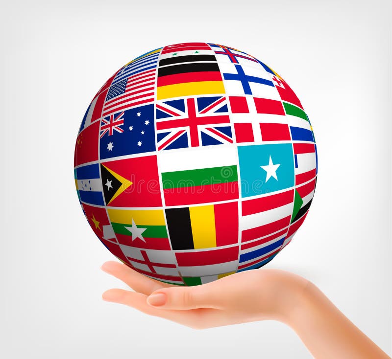 Hands Holding Globe with Flags of World Stock Vector - Illustration of ...