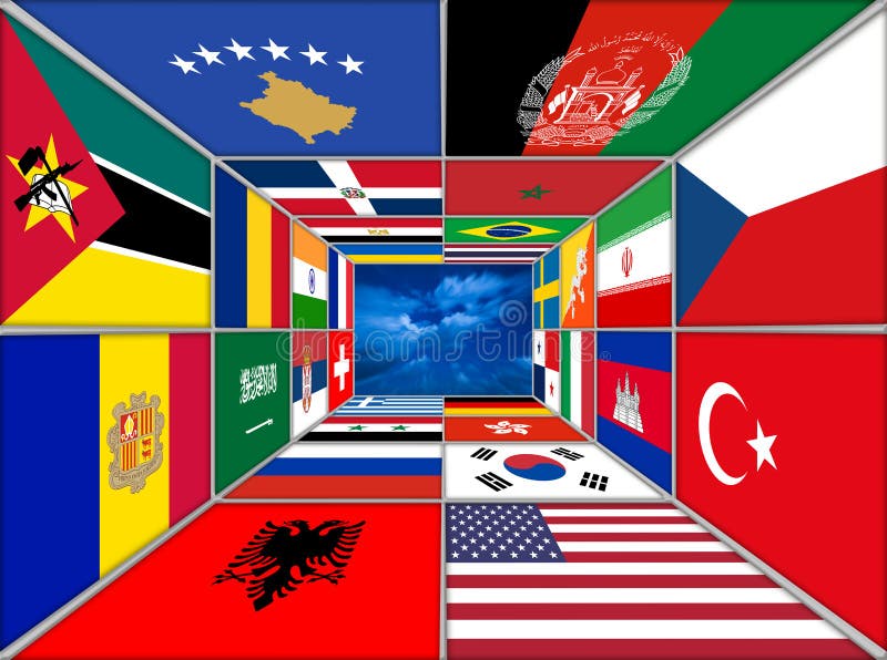 Flags of the World with Perspective Lines and Blue Sky in the Center ...