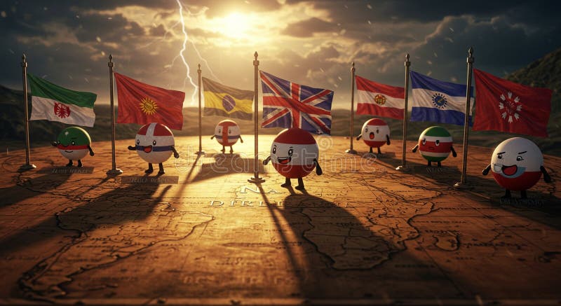 Flags of the World on a Vintage Map with Cartoon Characters Stock ...