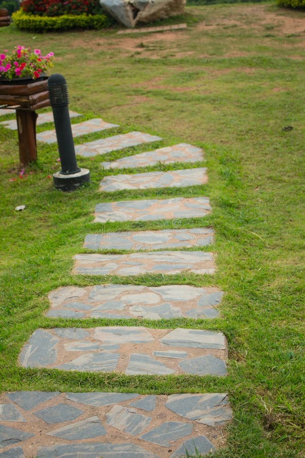 Flagstone Walkway with Landscaping Stock Image - Image of bushes, front ...