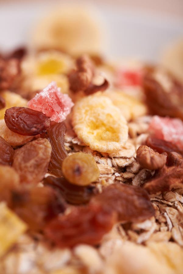 Flakes with Dried Fruit, Granola on the Plate Stock Photo - Image of ...