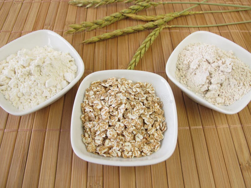 Flakes, Flour and Wholemeal Flour from Spelt Stock Image - Image of ...