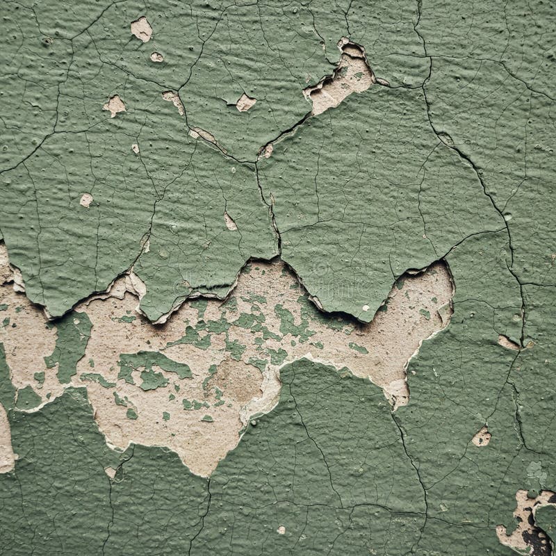 Flaking Green Paint on a Rough, Textured Surface Reveals a Beige ...