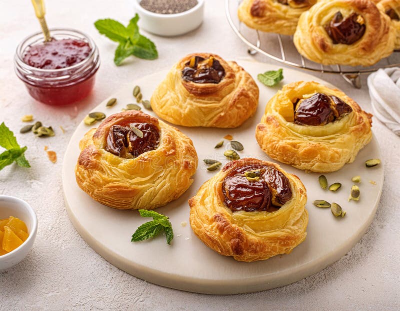 Flaky Pastries Filled with Dates and Nuts, Garnished with Mint Stock ...
