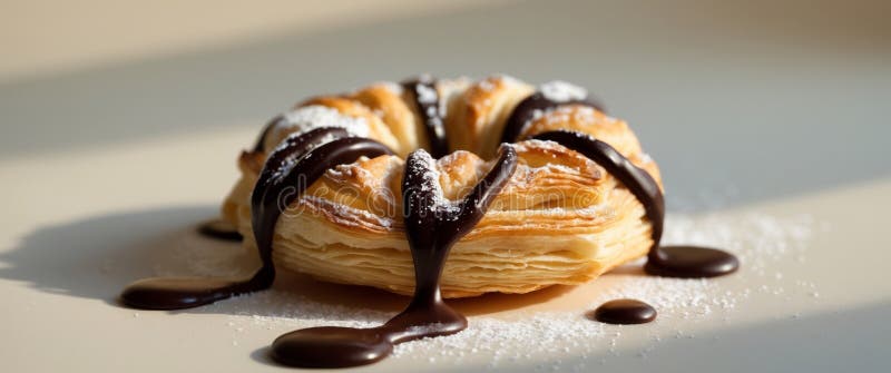 Flaky Pastry with Chocolate Drizzle Delight. Stock Image - Image of ...