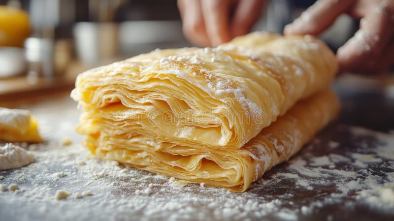 Flaky Pastry Layers Being Prepared with Care on a Kitchen Surface ...