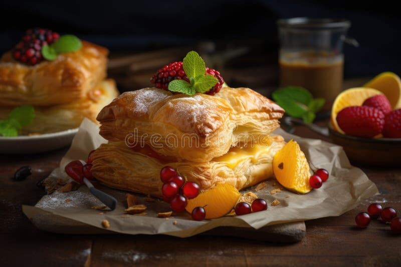 Flaky Puff Pastry Filled with Fruit, Custard and Spices Stock ...