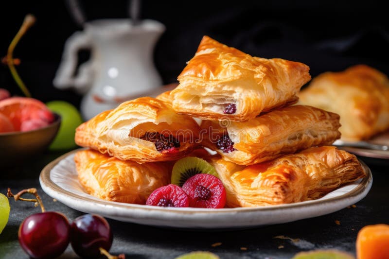 Flaky Puff Pastry and Fruit Turnovers on Plate Stock Illustration ...