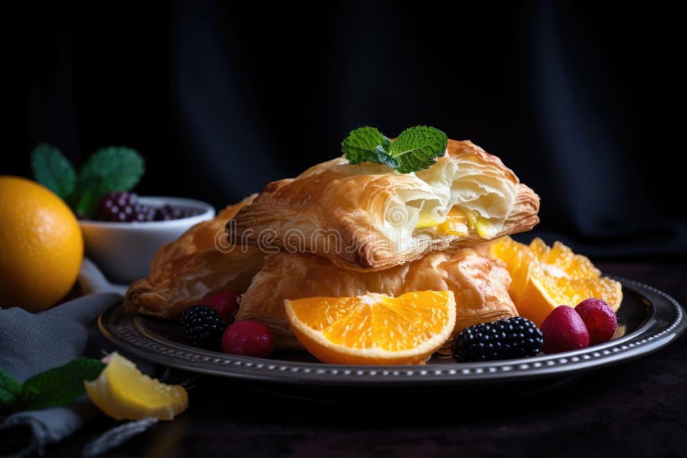 Flaky Puff Pastry and Fruit Turnovers on Plate Stock Illustration ...