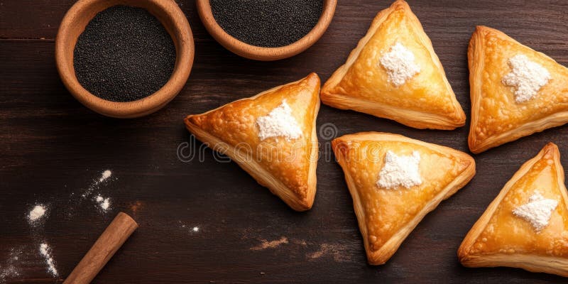 Flaky Triangular Pastries with Poppy Seeds and Powdered Sugar on Wooden ...