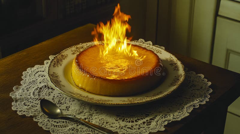 Flambe Dessert on Elegant Table Setting Illuminated by Dramatic Flames ...