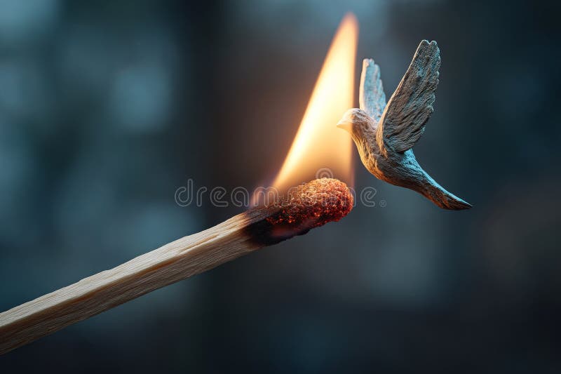 Flame Bird Sculpture on Burning Matchstick in Soft Focus Background of ...