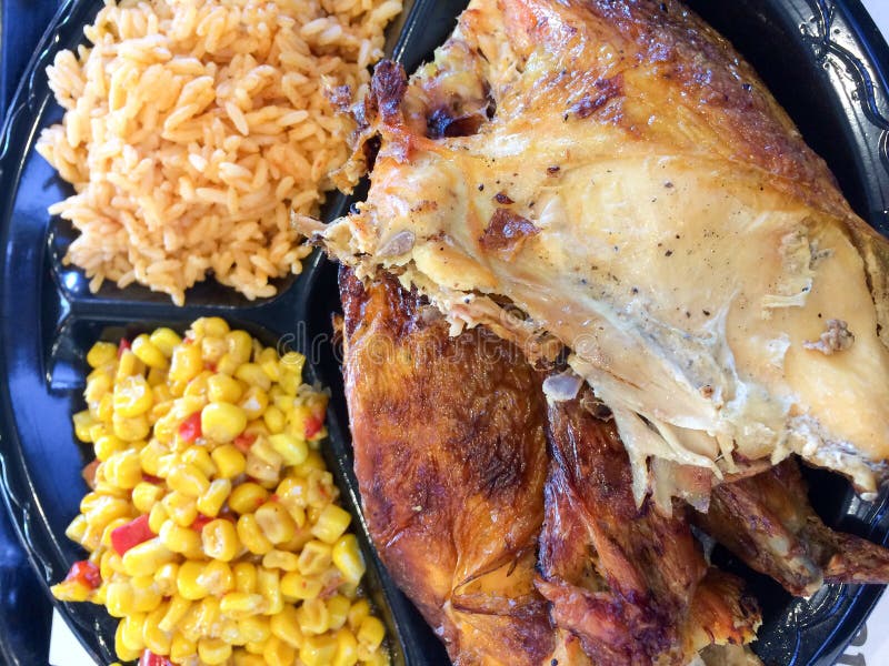 Flame Broiled Bbq Chicken with Rice and Corn Stock Photo - Image of ...