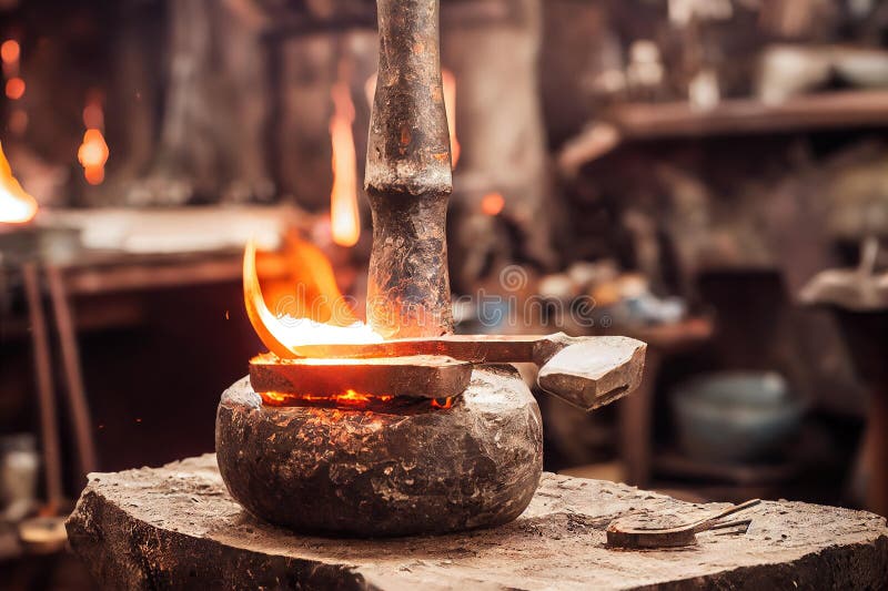 Flame Burning on Anvil To Process Hot Steel and Iron. Stock ...