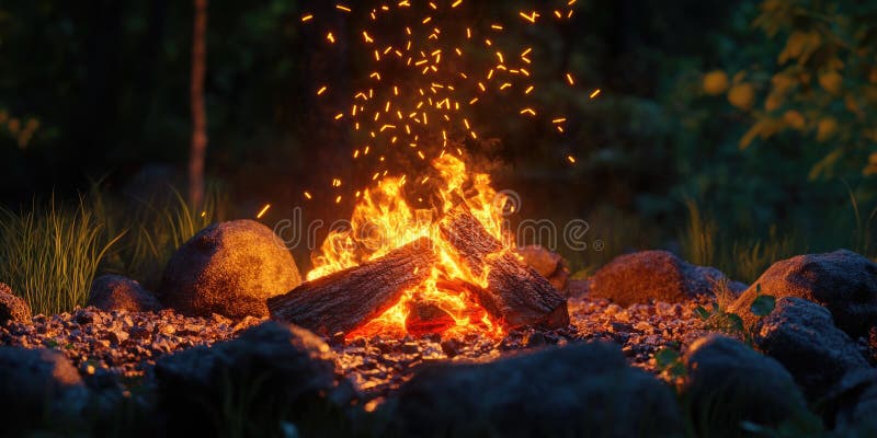 A Flame Burns Brightly Amidst Rugged Stones, with Sparks Flying Upwards ...
