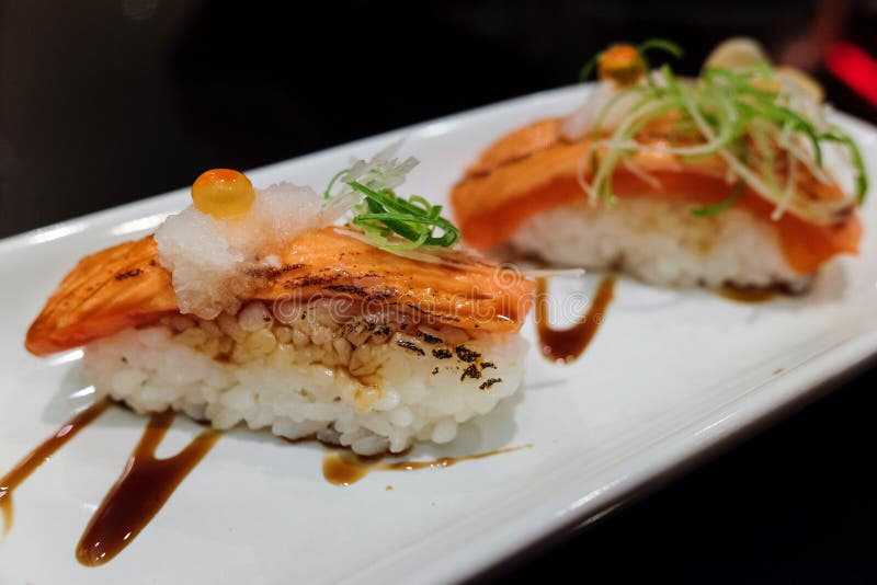 Flame burnt salmon sushi stock image. Image of salmon - 68049257