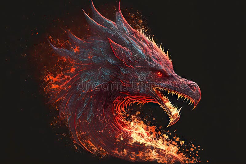 Flame-engulfed Mystical Red Dragons on Black Background Stock ...