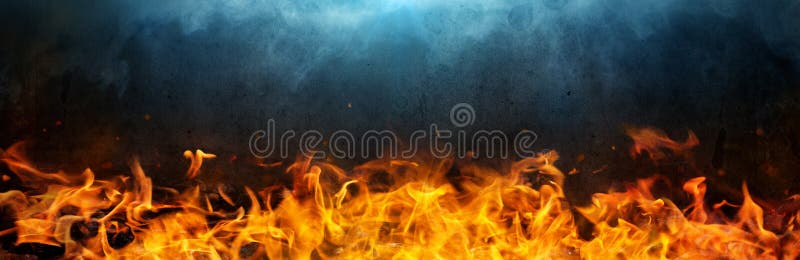 Flame, Fire on the Background. Black Walls and Smoke. Wide Background ...