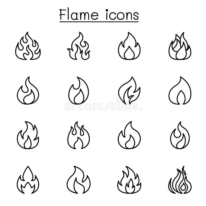 Flame, Fire Icon Set in Thin Line Style Stock Illustration ...