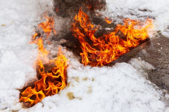 Flame of Fire on White Snow in Winter Stock Image - Image of fire ...