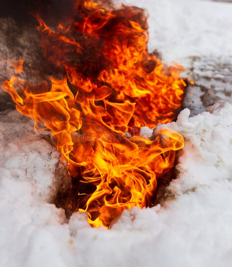 Flame of Fire on White Snow in Winter Stock Photo - Image of flame ...