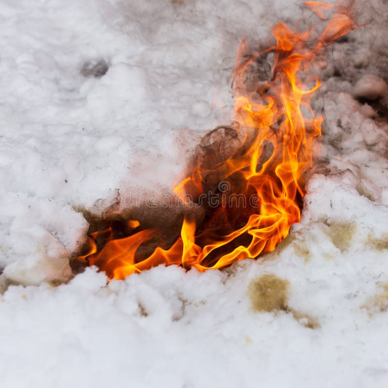 Flame of Fire on White Snow in Winter Stock Image - Image of science ...