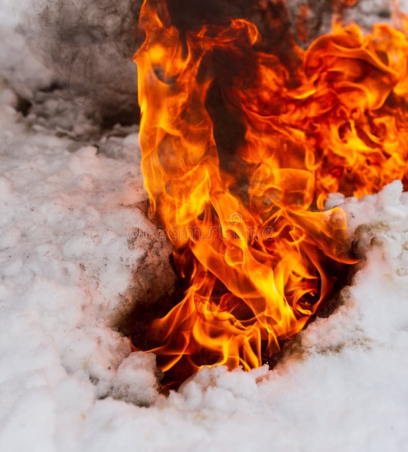 Flame of Fire on White Snow in Winter Stock Photo - Image of design ...