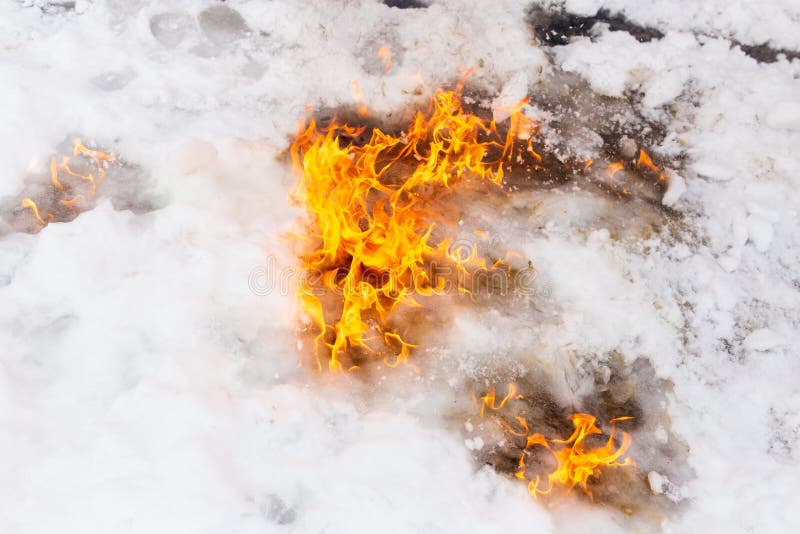 Flame of Fire on White Snow in Winter Stock Image - Image of fire ...