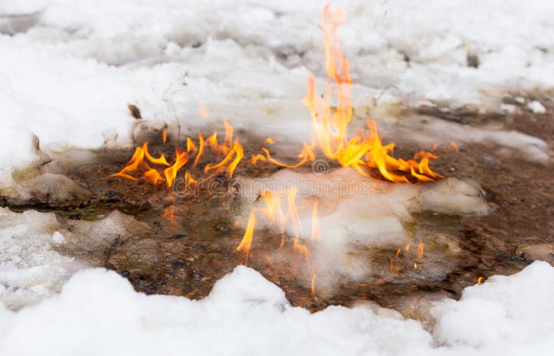Flame of Fire on White Snow in Winter Stock Photo - Image of water ...