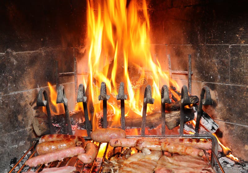 Flame in the Fireplace while Grilling Meat Stock Image - Image of food ...
