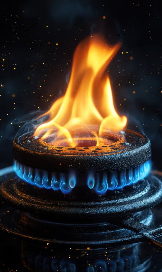 Flame and Gas Burner Illuminated with Vibrant Colors in Dark Setting ...