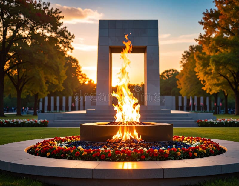 A Flame Glowing in the Center of a Memorial Day Eternal Flame Monument at Sunset Stock ...