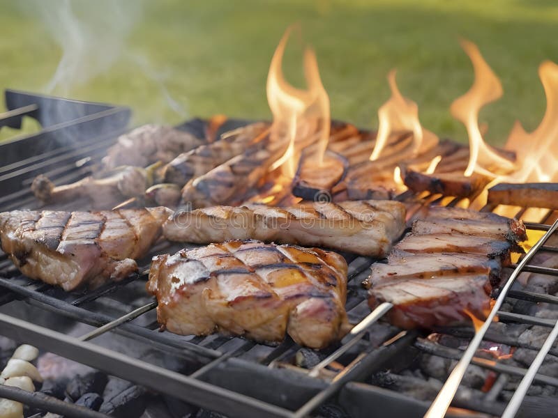 Flame-Grilled Roast. Barbecue Delight with a Garden Background. Stock ...