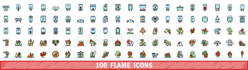 100 Flame Icons Set, Color Line Style Stock Vector - Illustration of ...
